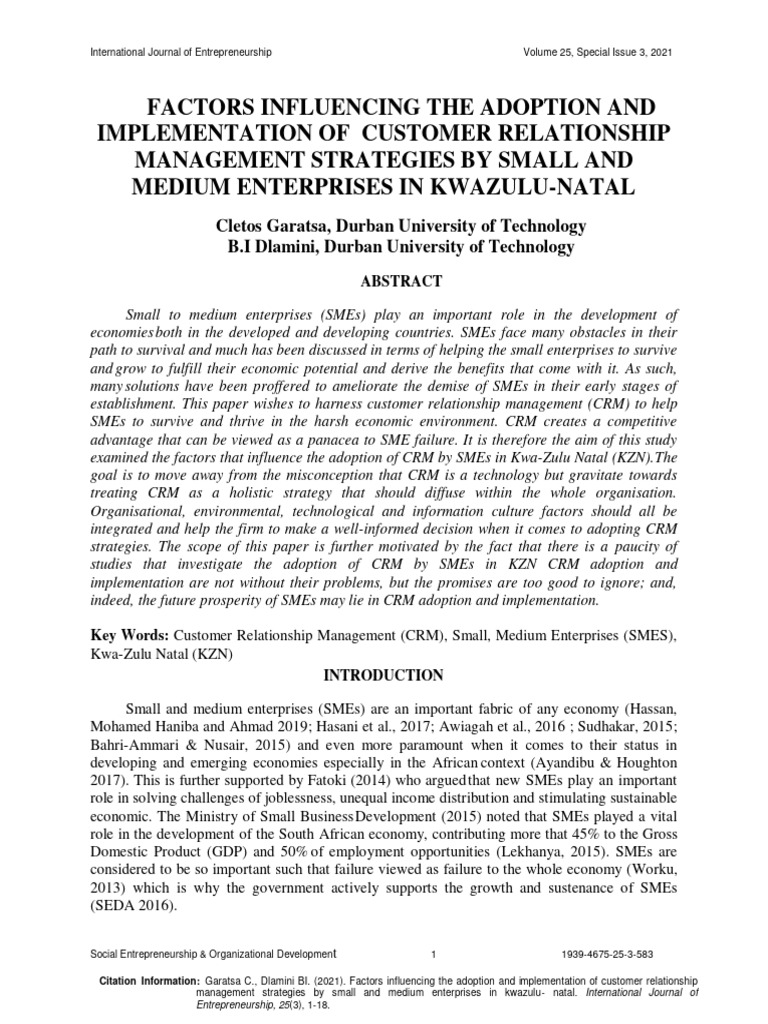 Factors Influencing The Adoption and Implementation of Customer Relationship Management ...