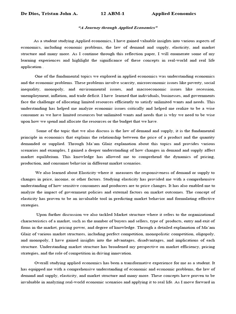 Reflection Paper In Applied Economics Pdf Economics Market Economics