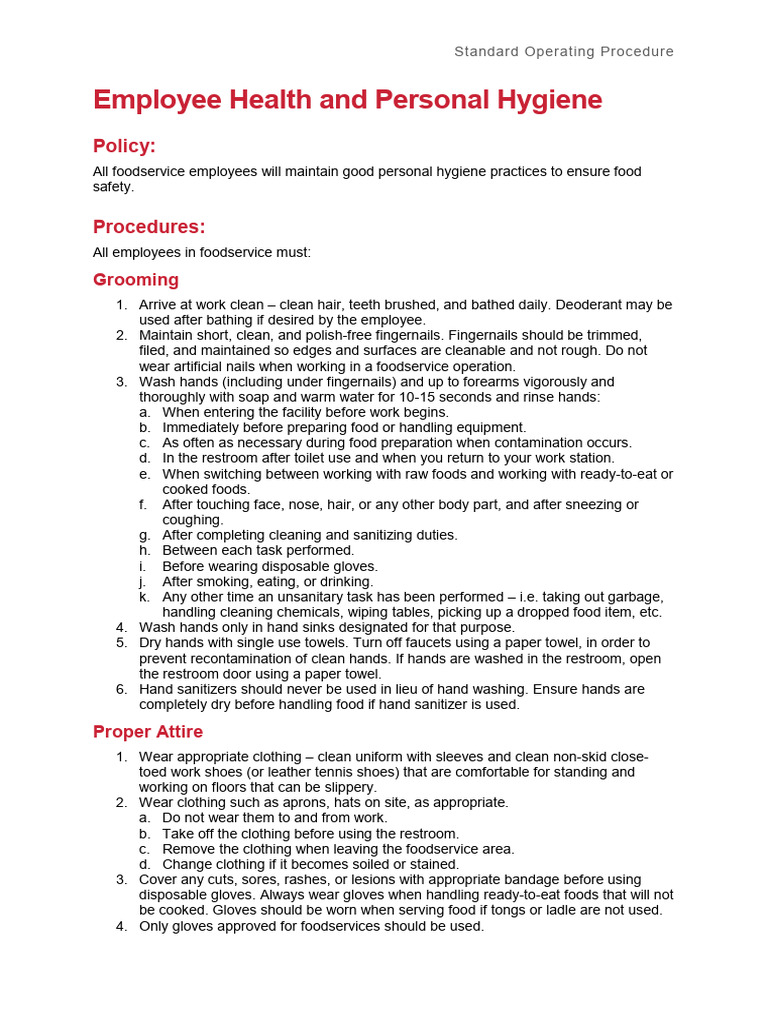 Employee Health and Personal Hygiene SOP | PDF
