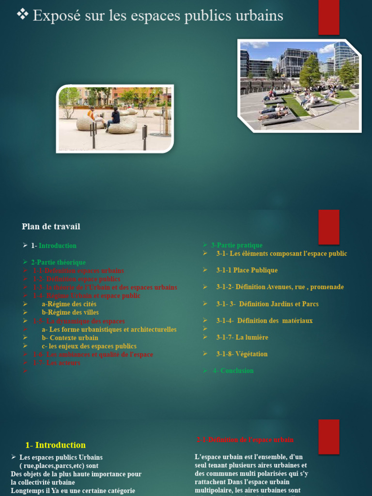 Exposé Sur Les Espaces Publics Urbains | PDF | Urbanisme | Parcs