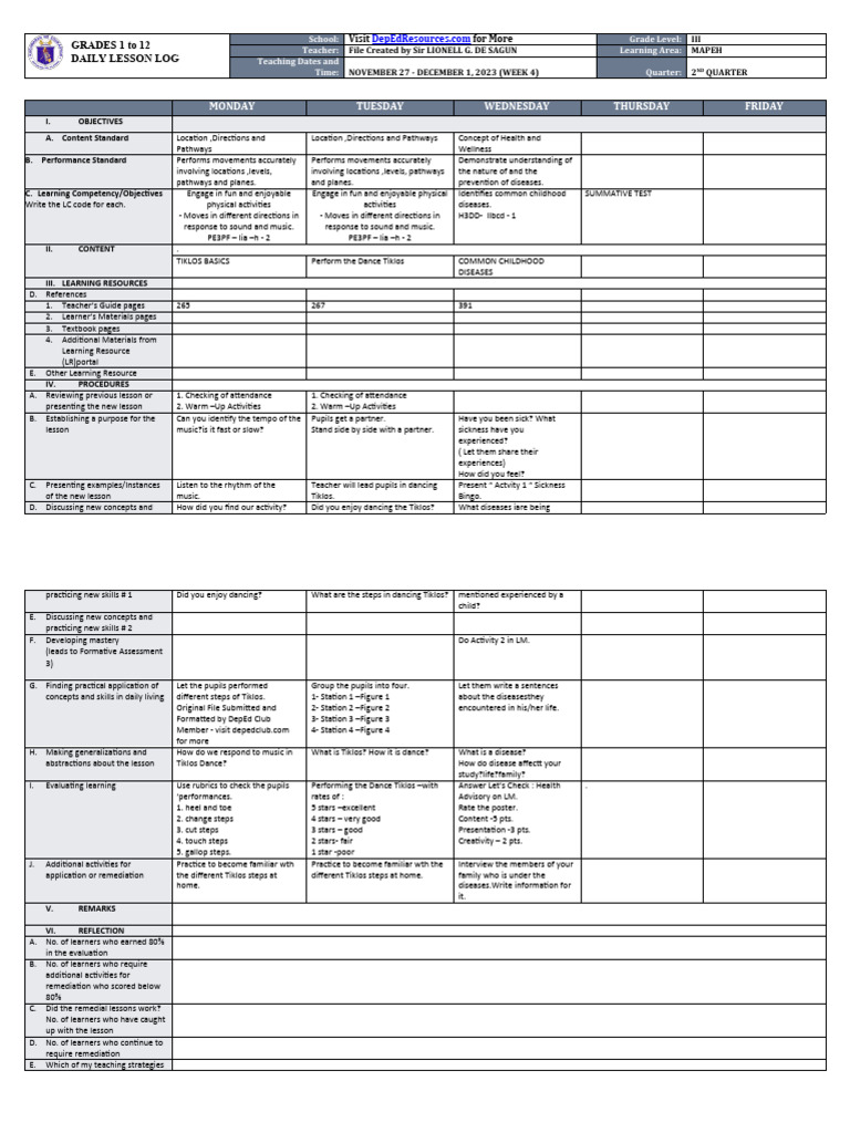 DLL - Mapeh 3 - Q2 - W4 | PDF