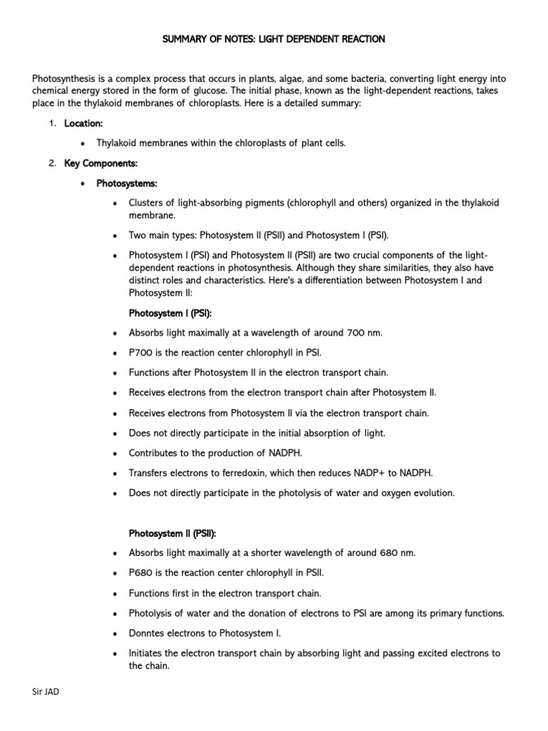 Summary of Notes About Light Dependent Reaction | PDF | Photosynthesis ...