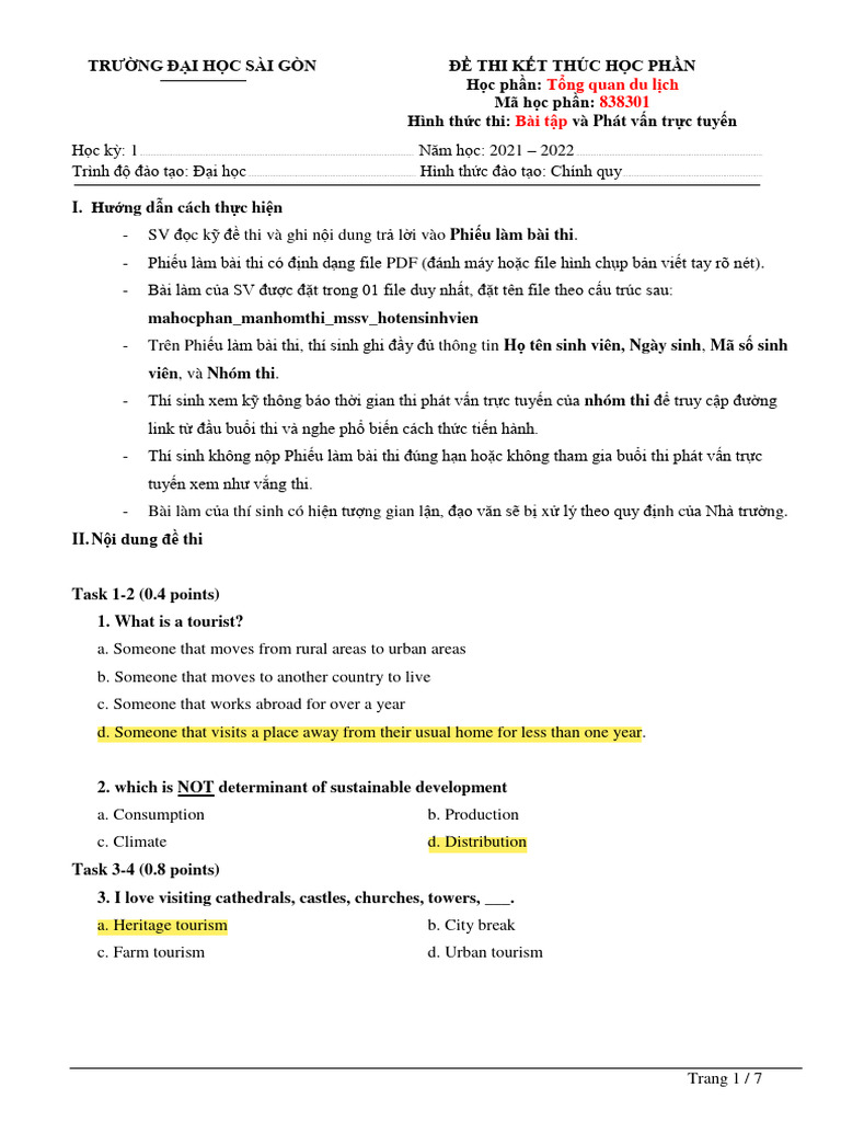 Tong Quan Du Lich - de Thi - HK1 - 2021-2022 | PDF