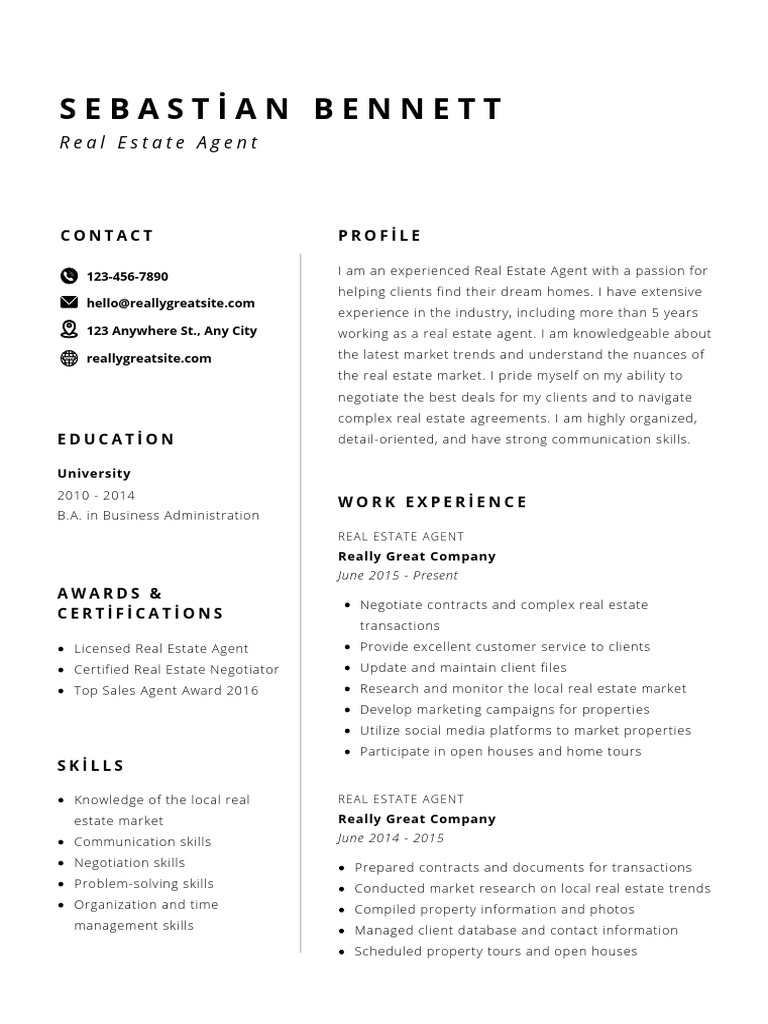 White Clean Minimalist Business Real Estate Resume | PDF | Estate Agent ...