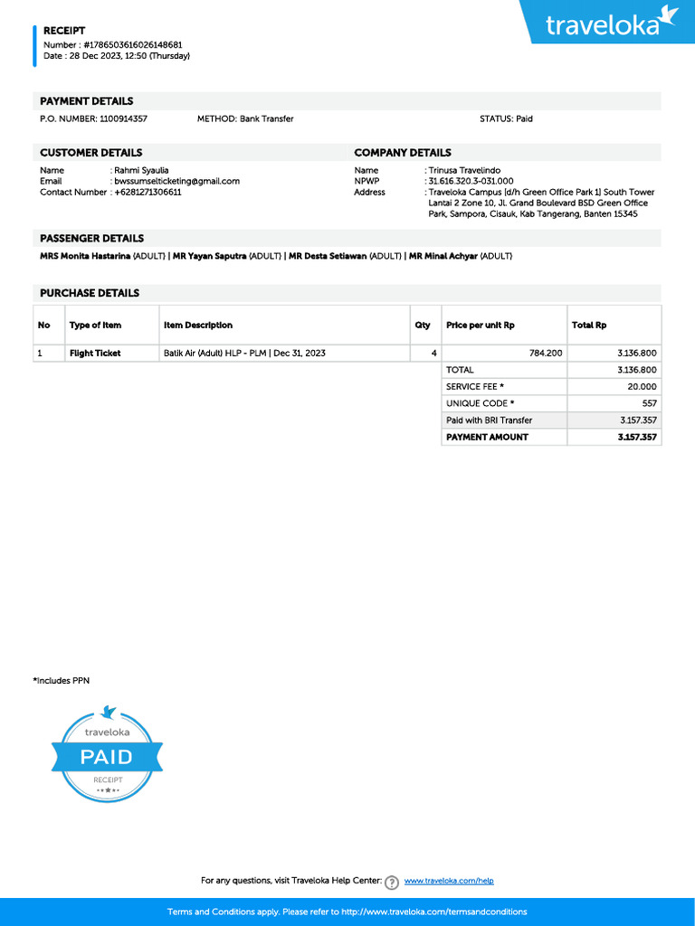 Traveloka Flight Ticket Receipt | PDF