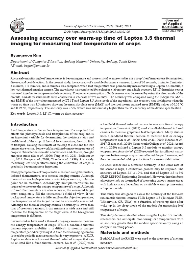 Assessing Accuracy Over Warm Up Time of Lepton Thermal Imaging For Measuring Leaf Temperature of ...