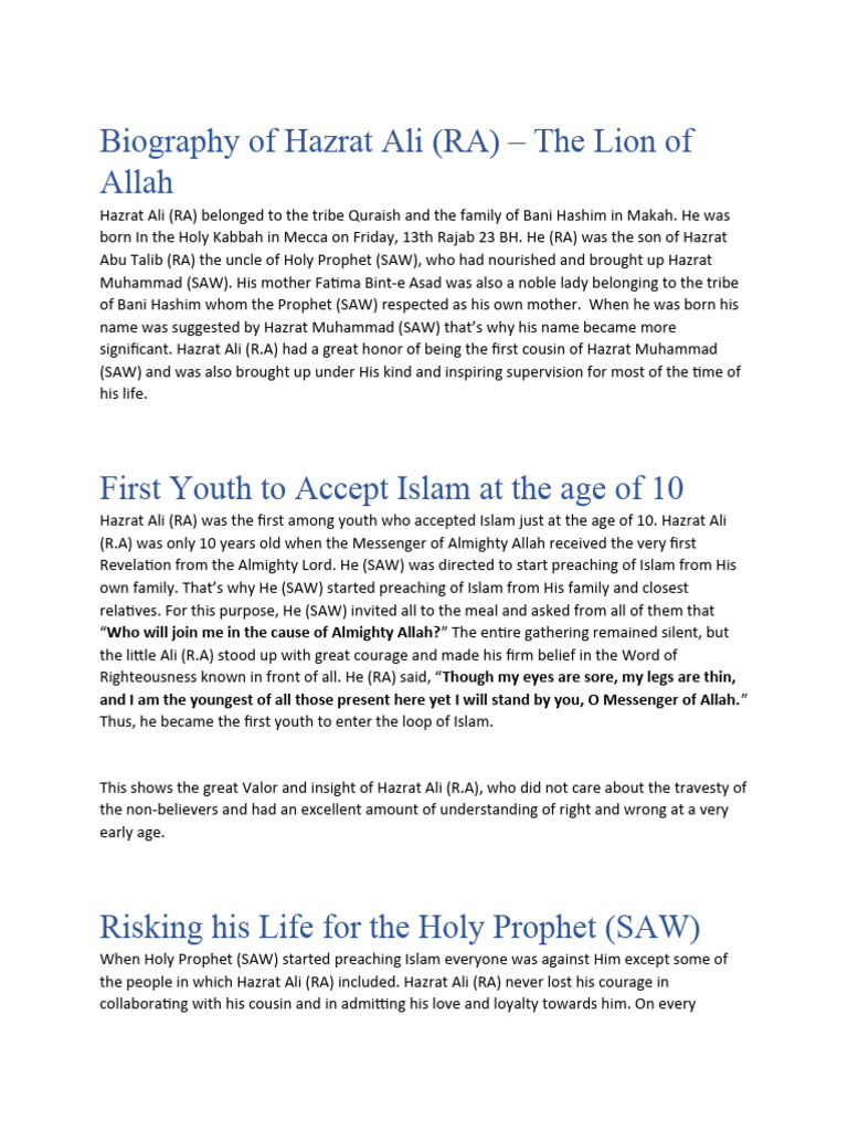 Biography of Hazrat Ali (RA) - The Lion of Allah | PDF | Muhammad | Ali