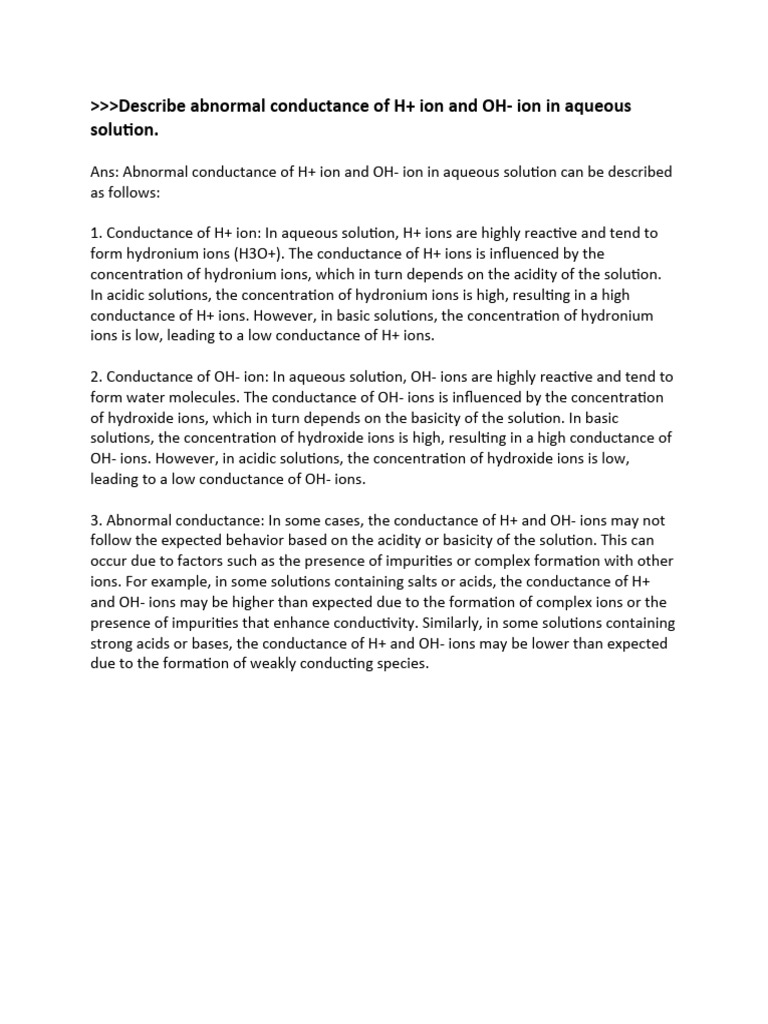 Abnormal Conductance of H+ & OH - at Water | PDF | Science & Mathematics