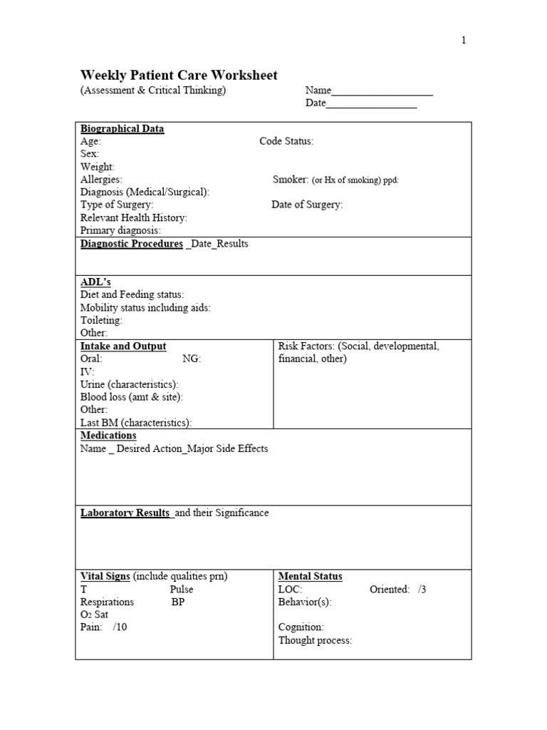 Weekly Patient Care Worksheet0 | PDF | Health Care | Surgery