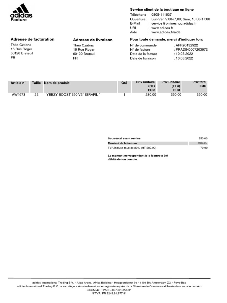 Facture Adidas | PDF