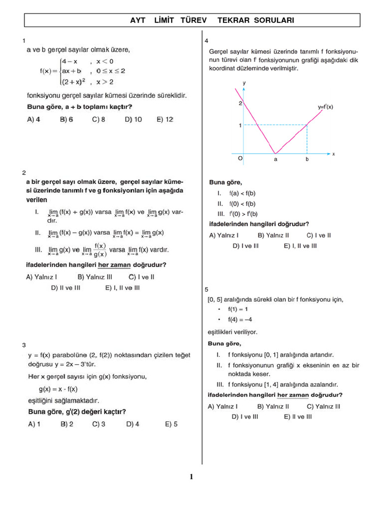 2023 Ayt Li̇mi̇t Türev Tekrar Sorulari | PDF