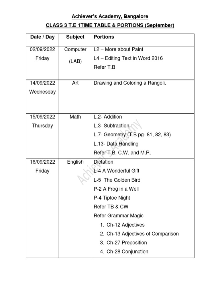 Class 3 T.E 1 T.T & Portions | Download Free PDF | Language Mechanics ...