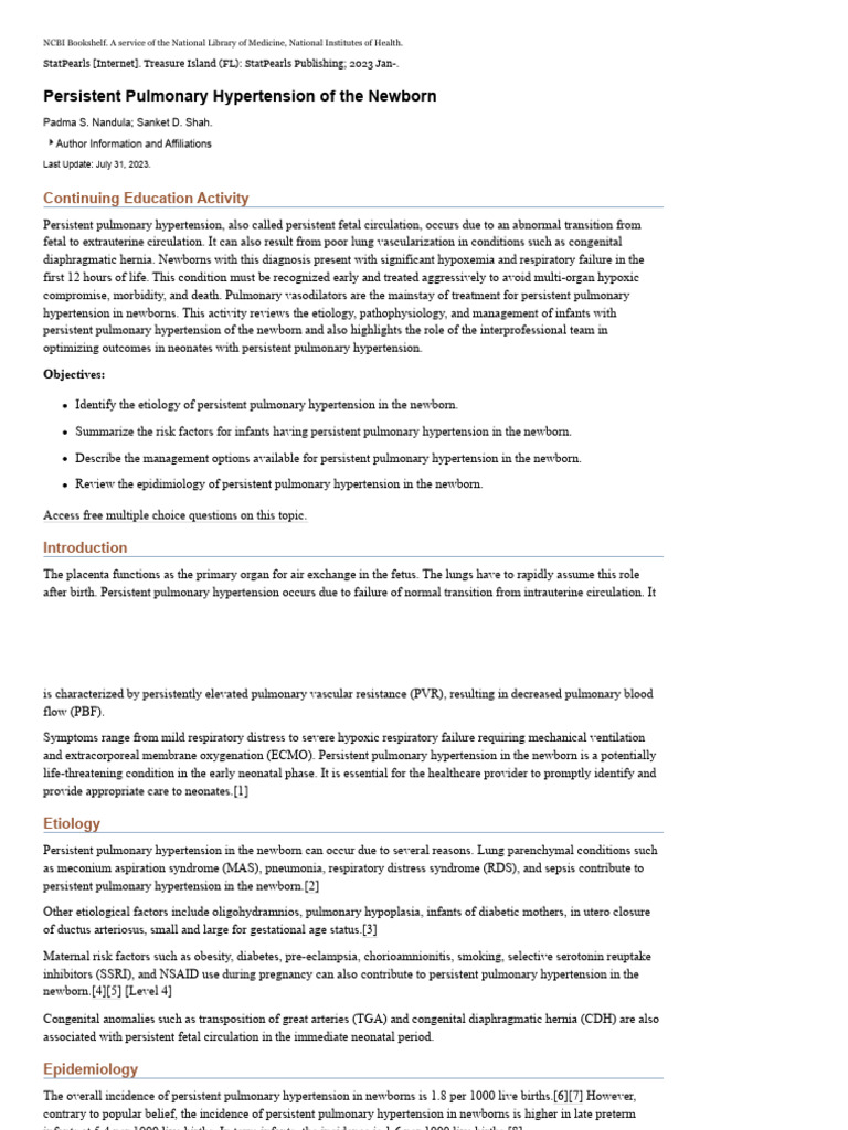 Persistent Pulmonary Hypertension of The Newborn - StatPearls - NCBI ...