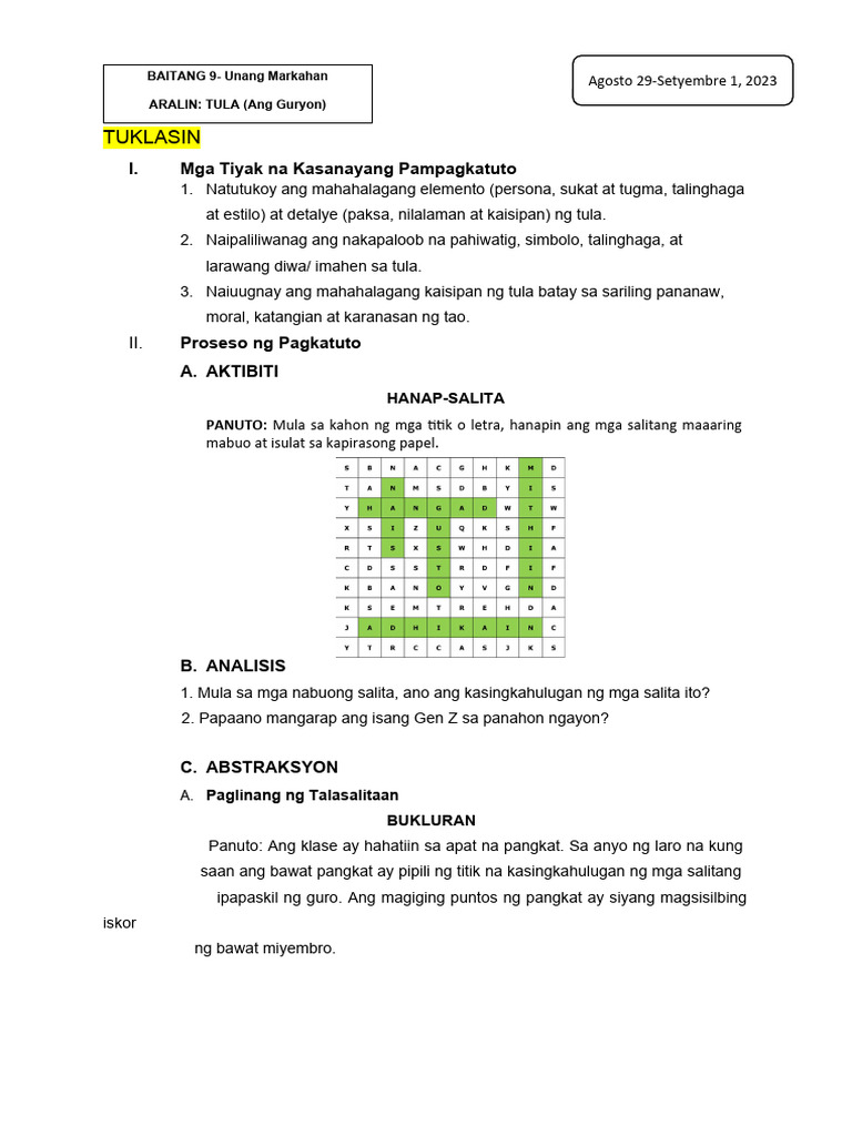 Unang Markahan-TULA (Ang Guryon) | PDF