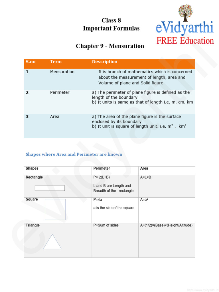 Class 8 Chapter 9 Maths Important Formulas | PDF