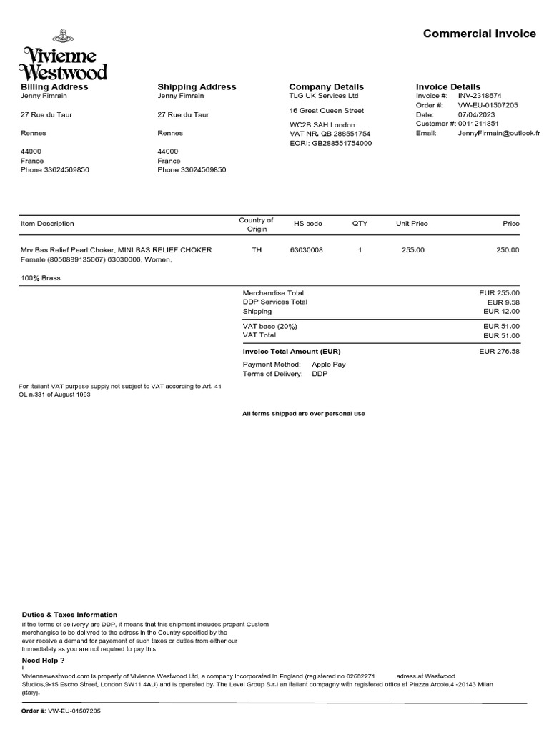 Facture Vivienne Westswood | PDF