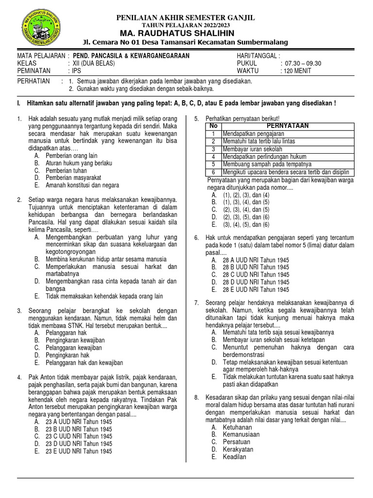 Soal Pas PKN Kelas Xii k13 | PDF