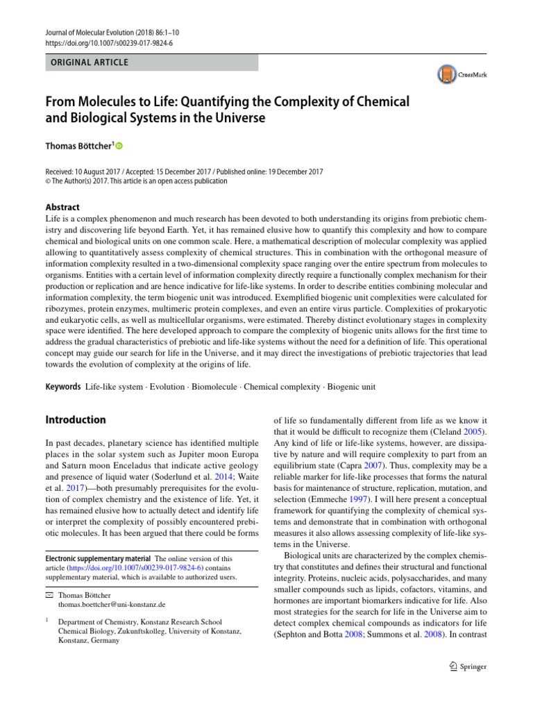 From Molecules To Life: Quantifying The Complexity of Chemical and Biological Systems in The ...