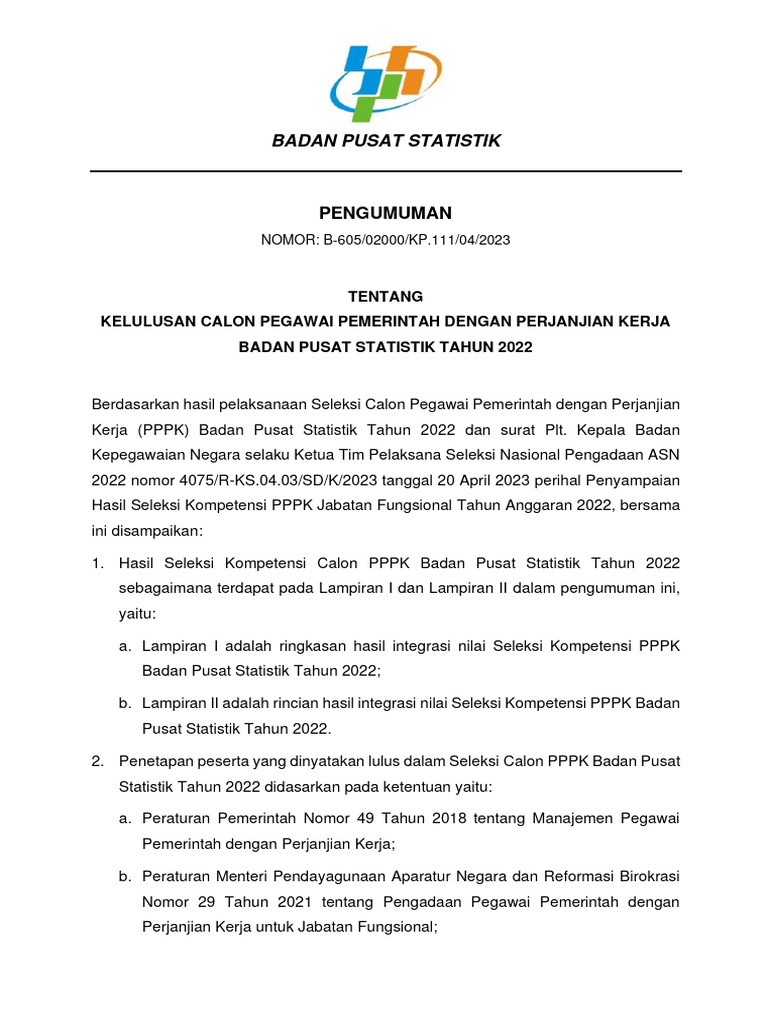 Pengumuman Kelulusan PPPK BPS 2022 | PDF | Pengelolaan Keuangan & Uang