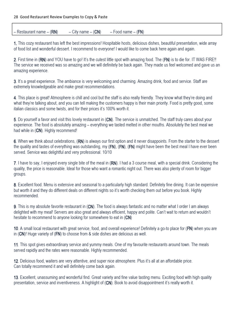 28 Exemplary Restaurant Reviews | PDF | Waiting Staff | Restaurants