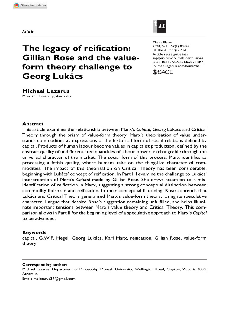 The Legacy of Reification Gillian Rose A | PDF