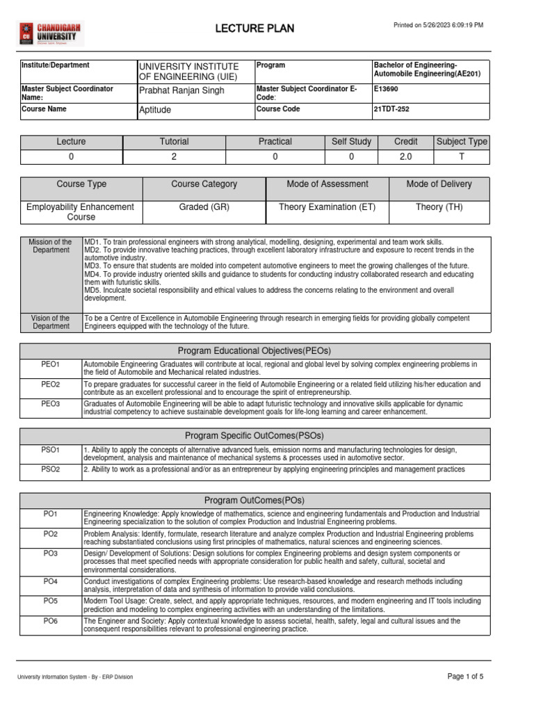 LecturePlan AE201 21TDT-252 | PDF | Engineering | Analysis