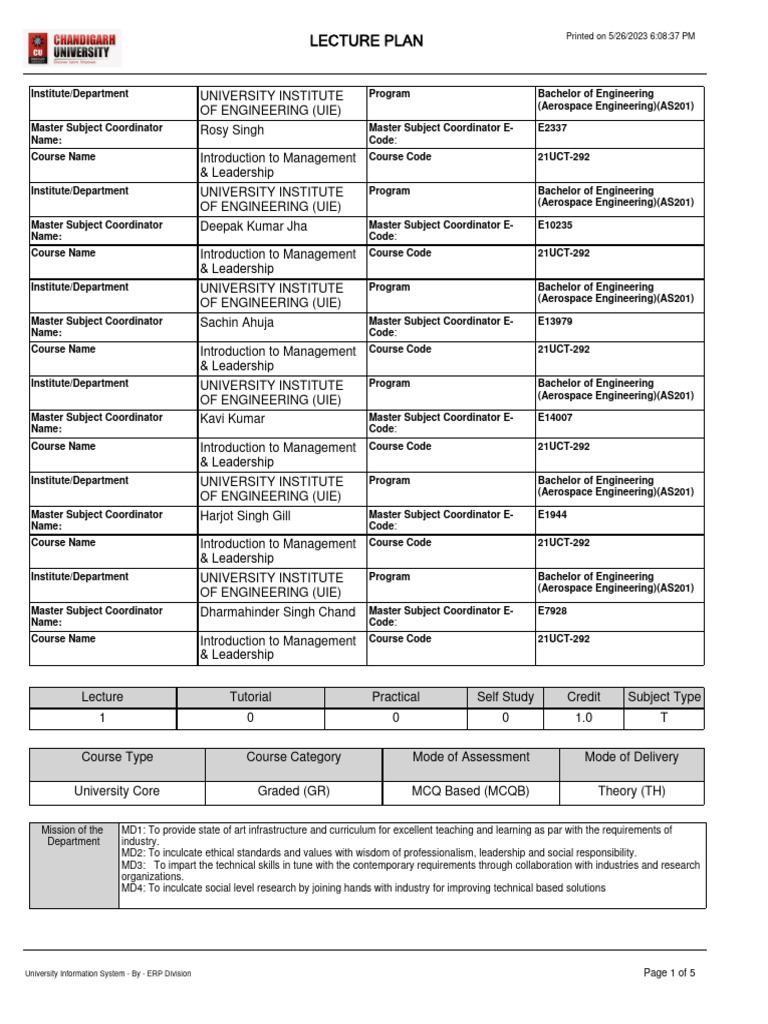 LecturePlan AS201 21UCT-292 | PDF | Engineering | System
