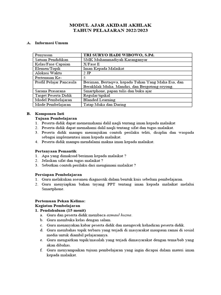 Modul Ajar Iman Kepada Malaikat | PDF
