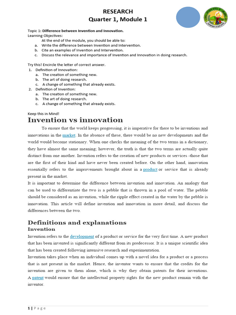Q1 Research SLM 1 and 2 | PDF | Innovation | Invention