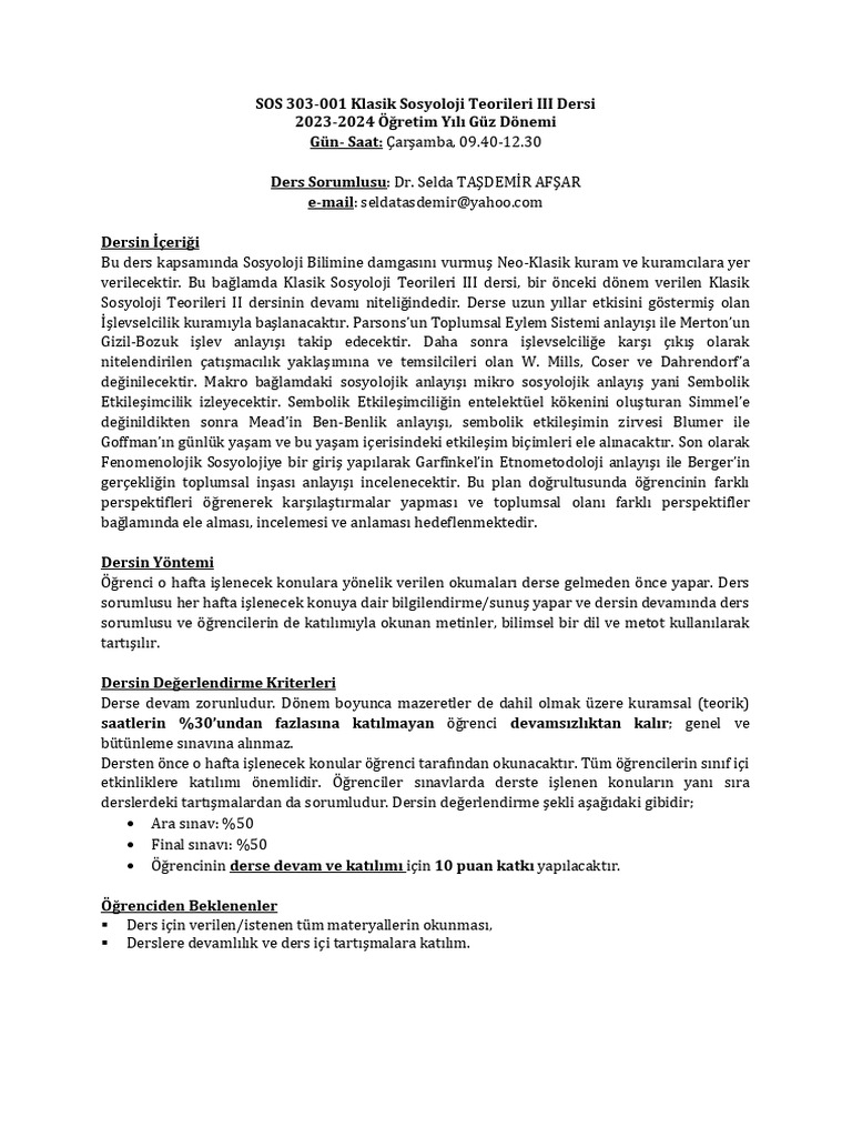 SOS 303 - Klasik Sosyoloji Teorileri 3 - Ders Izlencesi | PDF