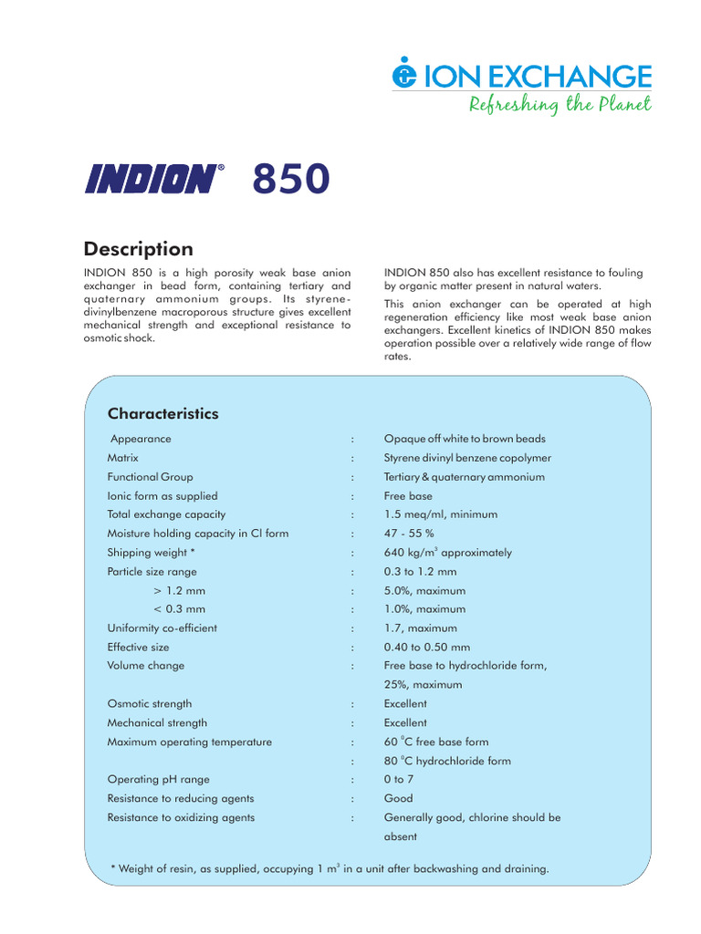 Indion 850 Resin Engg Data Sheet | PDF | Applied And Interdisciplinary Physics | Physical Chemistry