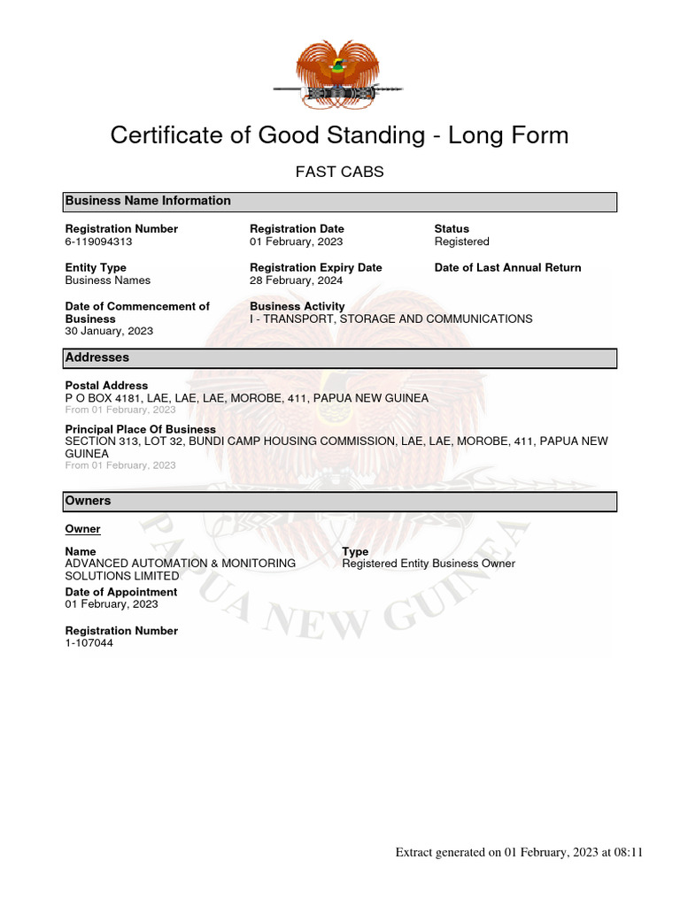 Certificate of Good Standing Business Names - Long Form | PDF
