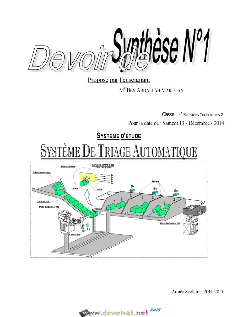Devoir de Synthèse N°1 - Technologie Système de Triage Automatique - 3ème Technique (2014-2015 ...