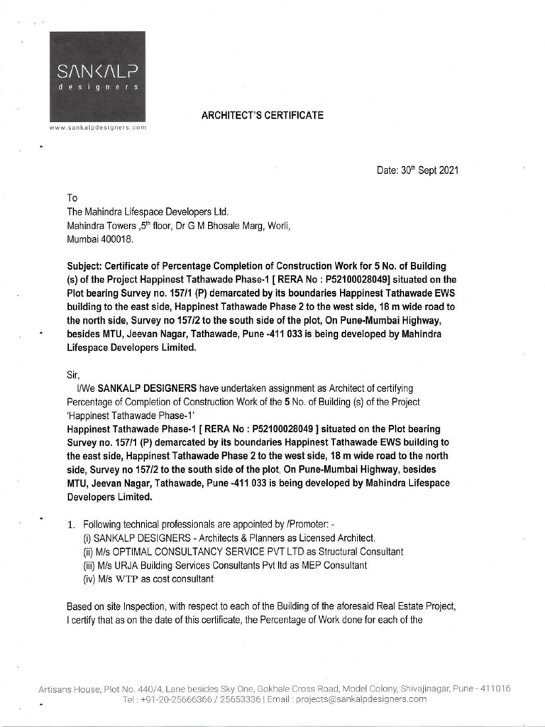 4 Architect's Certificate of Percentage of Completion of Work (Form 1 ...