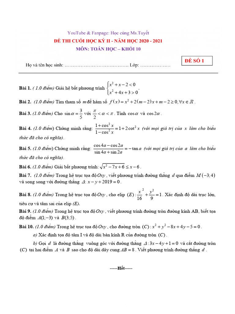 Toán 10 - Thi Cuối Kỳ 2 - ĐỀ 1 | PDF