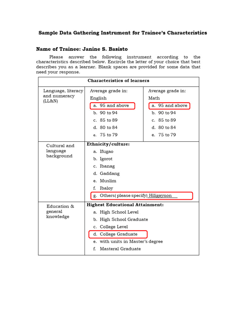 Data Gathering Instrument For Trainee | PDF | Learning | Learning Styles