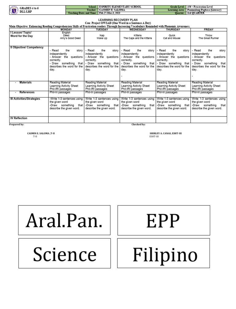 Learning Recovery Plan Feb.27 Mar.3 | PDF