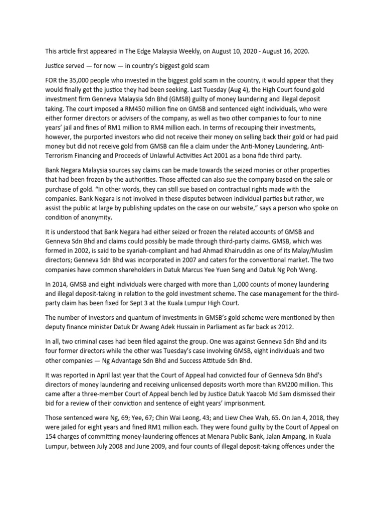 Genneva Gold Bar Investment Scheme 1 | PDF | Money Laundering | Justice