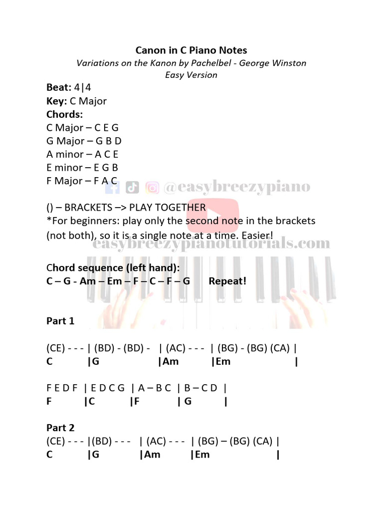 Canon in C Piano Notes and Chords | PDF