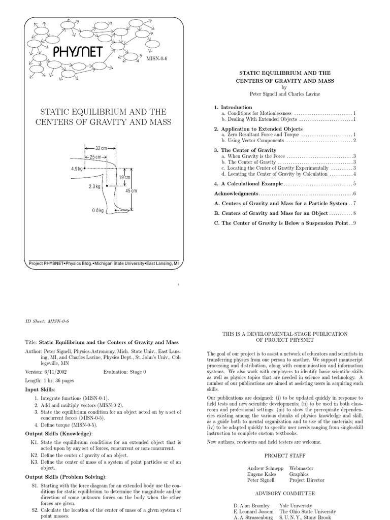 Static Equilibrium and The Centers of Gravity and Mass | Download Free ...