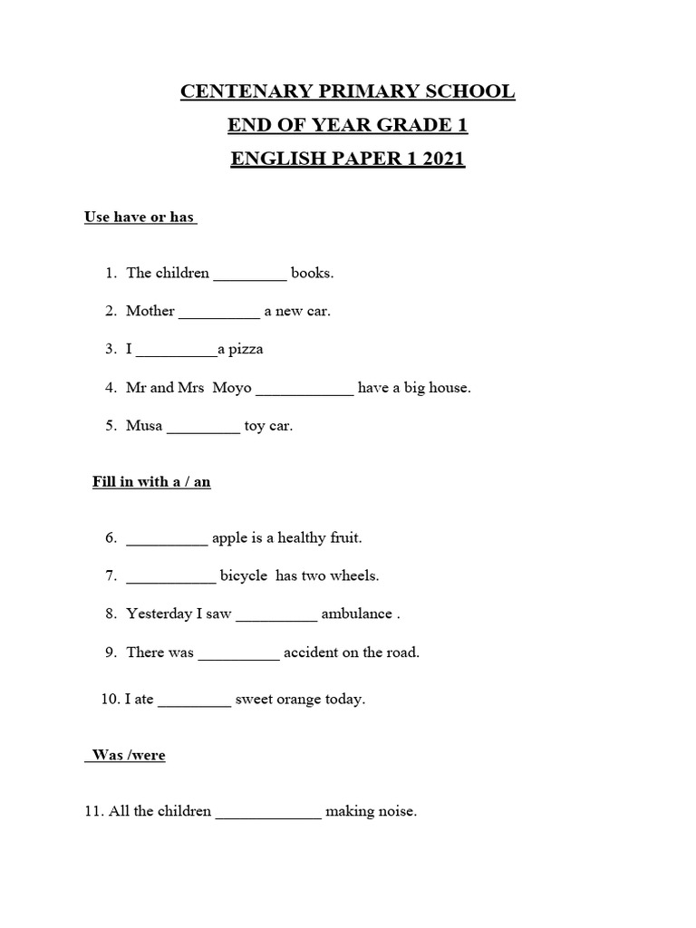 Grade 1 English Paper 1 End of Year 2021 | Download Free PDF ...