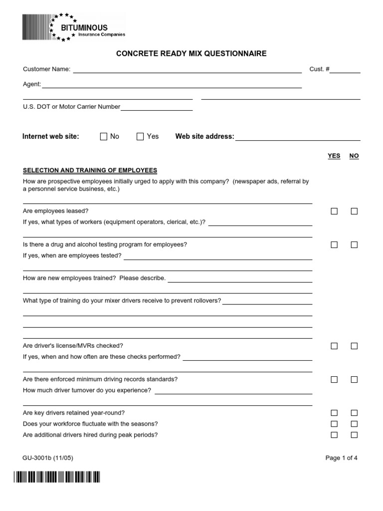 Concrete Ready Mix Questionnaire: No Yes | PDF | Driving | Employment