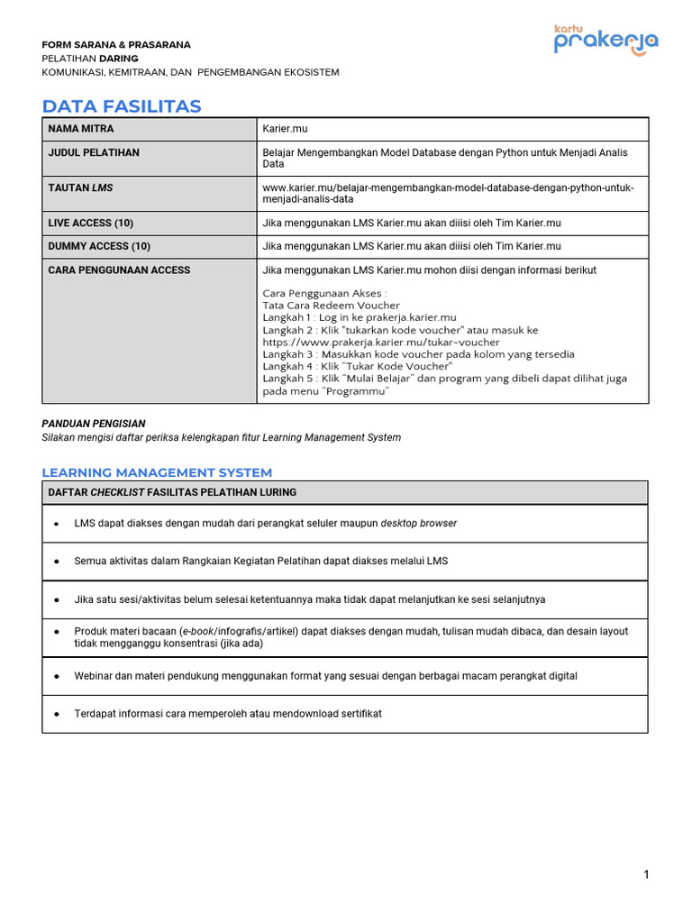 Contoh - SN 2023 - DARING - FSP (FASILITAS & SARANA PELATIHAN) | PDF