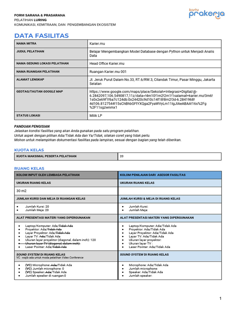 Contoh - SN 2023 - Luring - FSP (Fasilitas & Sarana Pelatihan) | PDF
