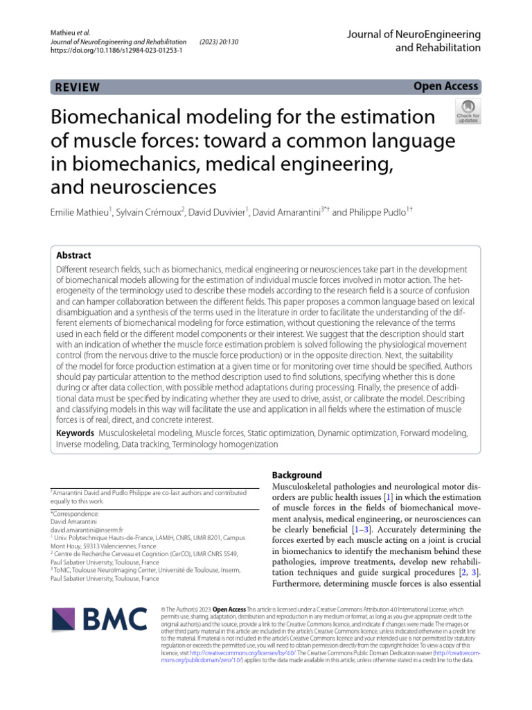 Biomechanical Modeling For The Estimation of Muscle Forces: Toward A ...