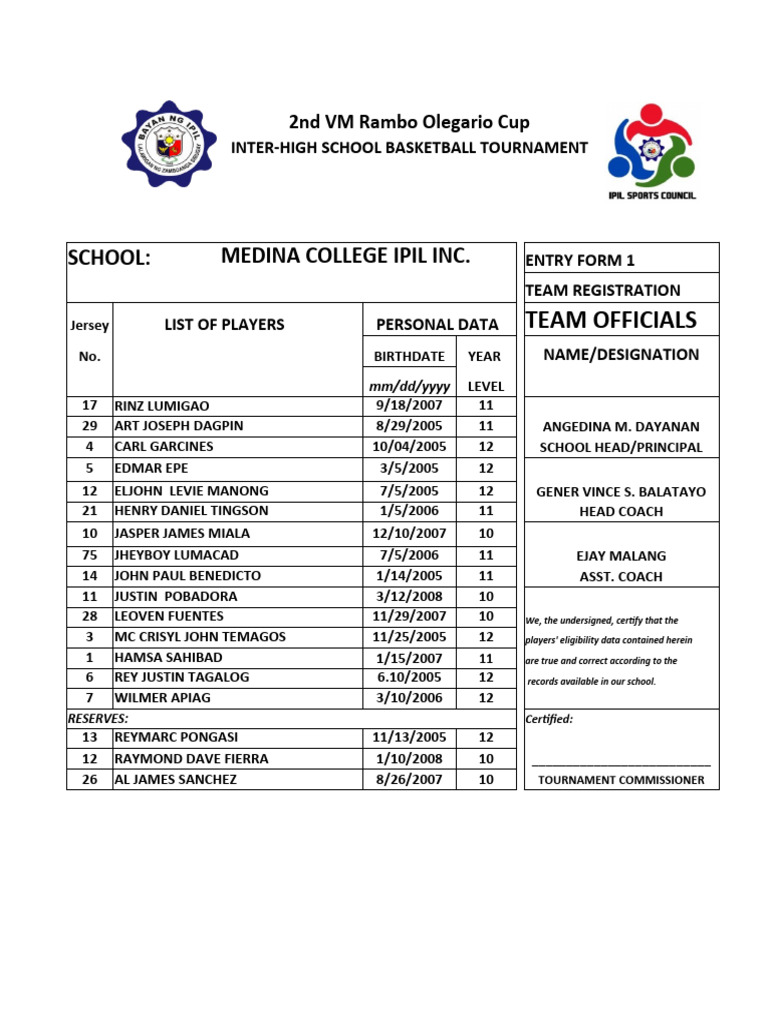 2nd VM Rambo Olegario Cup Registration | PDF | Basketball Positions ...