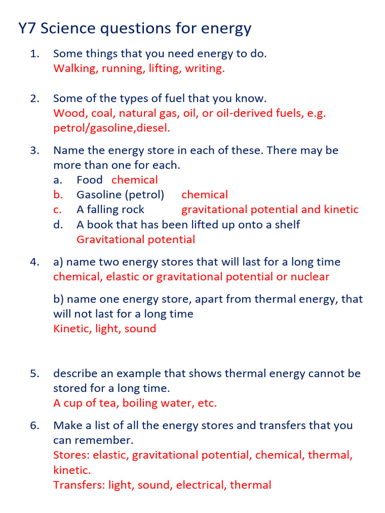 1st Term Y7 Science Energy Questions | PDF