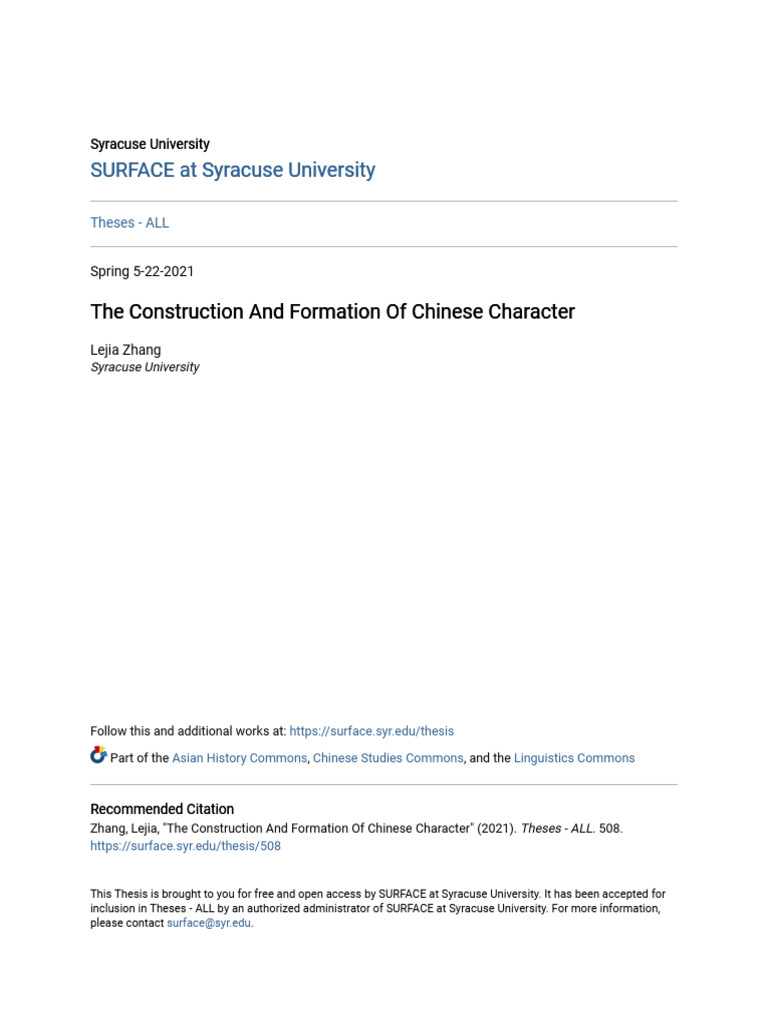 The Construction and Formation of Chinese Character | PDF