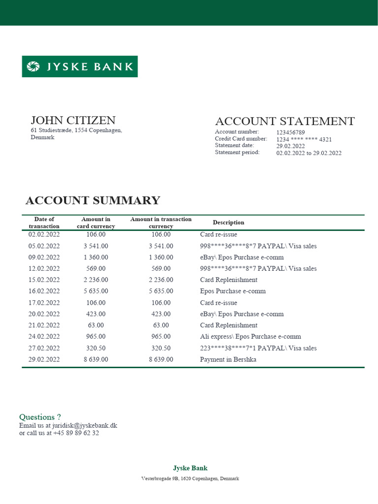Denmark Jyske Bank Statement | PDF