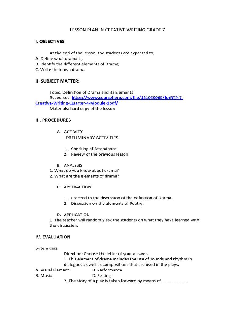Lesson Plan in Creative Writing Grade 7 | PDF